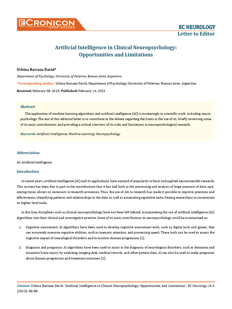Urbina Barraza David (2023) Artificial Intelligence in Clinical Neuropsychology Opportunities ...