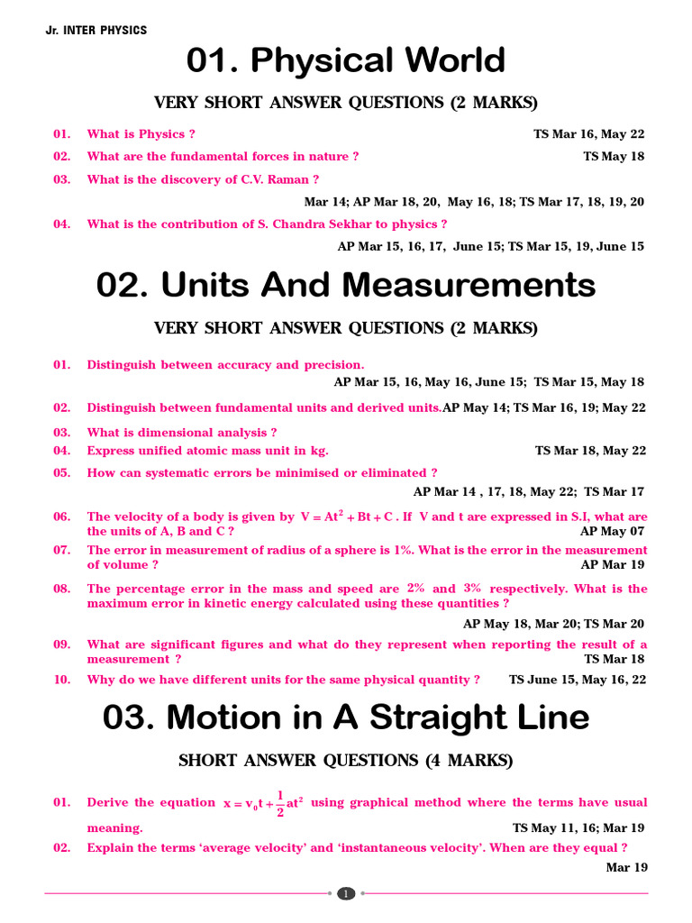 JR Phy Ipe Important Questions | PDF | Collision | Gases
