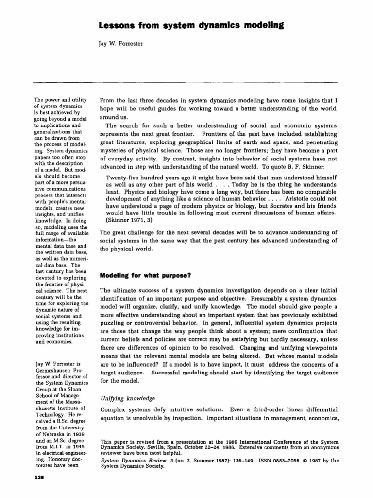 Forrester - 1987 - Lessons From System Dynamics Modeling | PDF ...