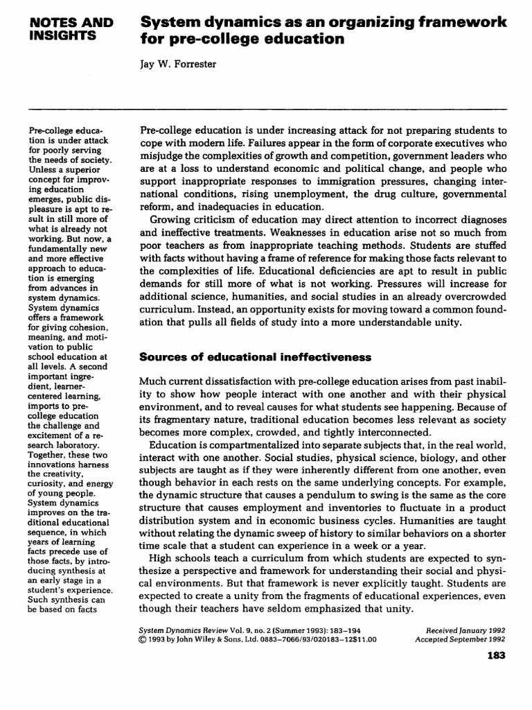 Forrester - 1993 - System Dynamics As An Organizing Framework For Pre ...