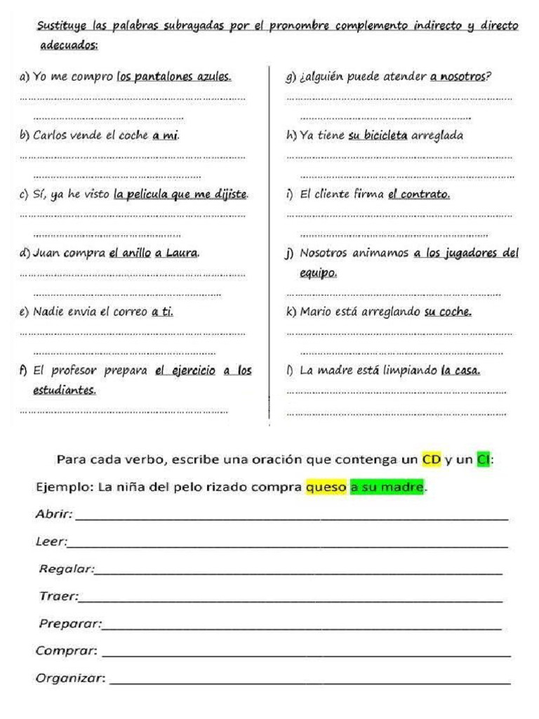 Actividades Complemento Directo e Indirecto | PDF