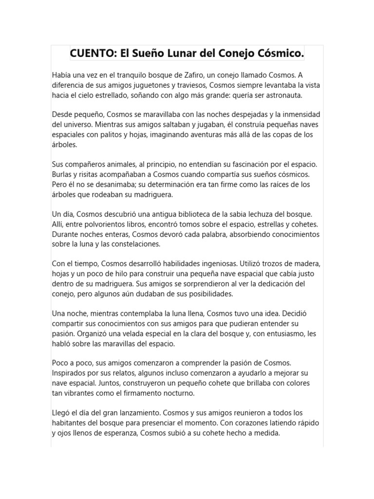 Cuento El Sueño Lunar Del Conejo Cósmico. | PDF