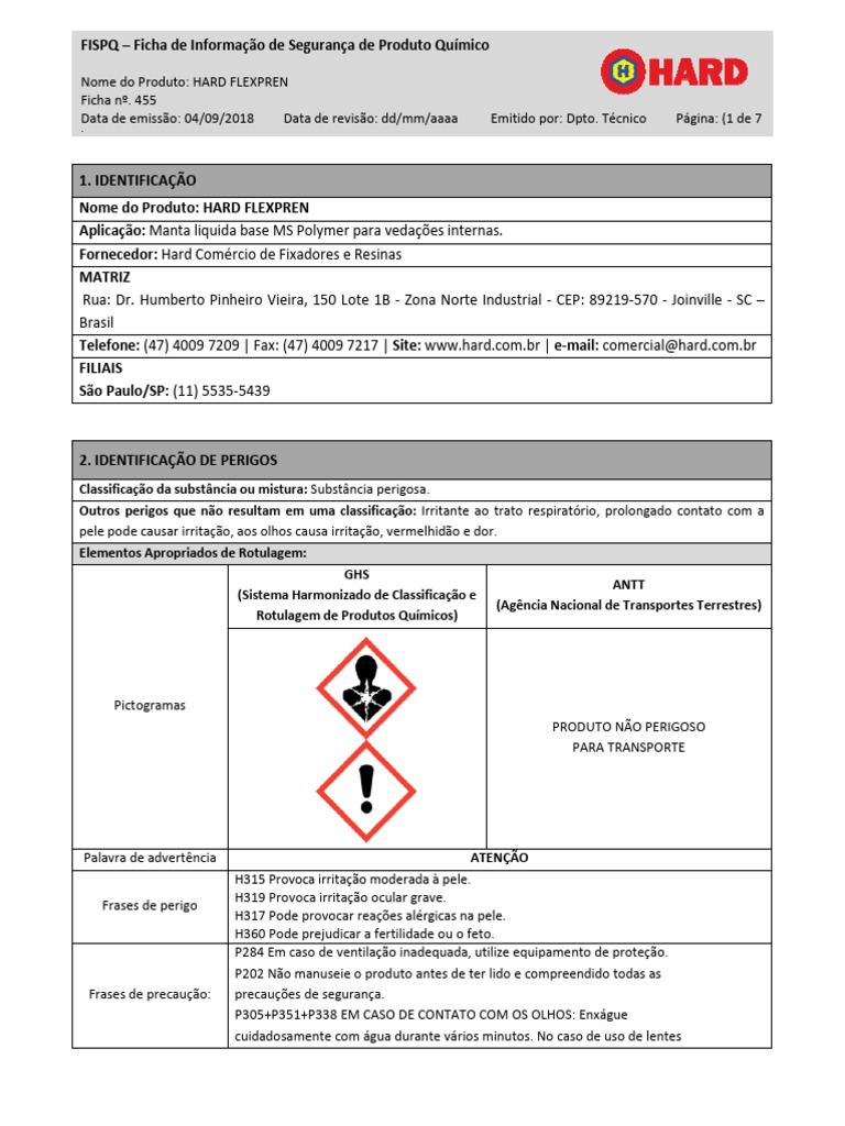 FISPQ HARD FLEXPREN: Segurança e Uso | PDF | Desperdício | Química