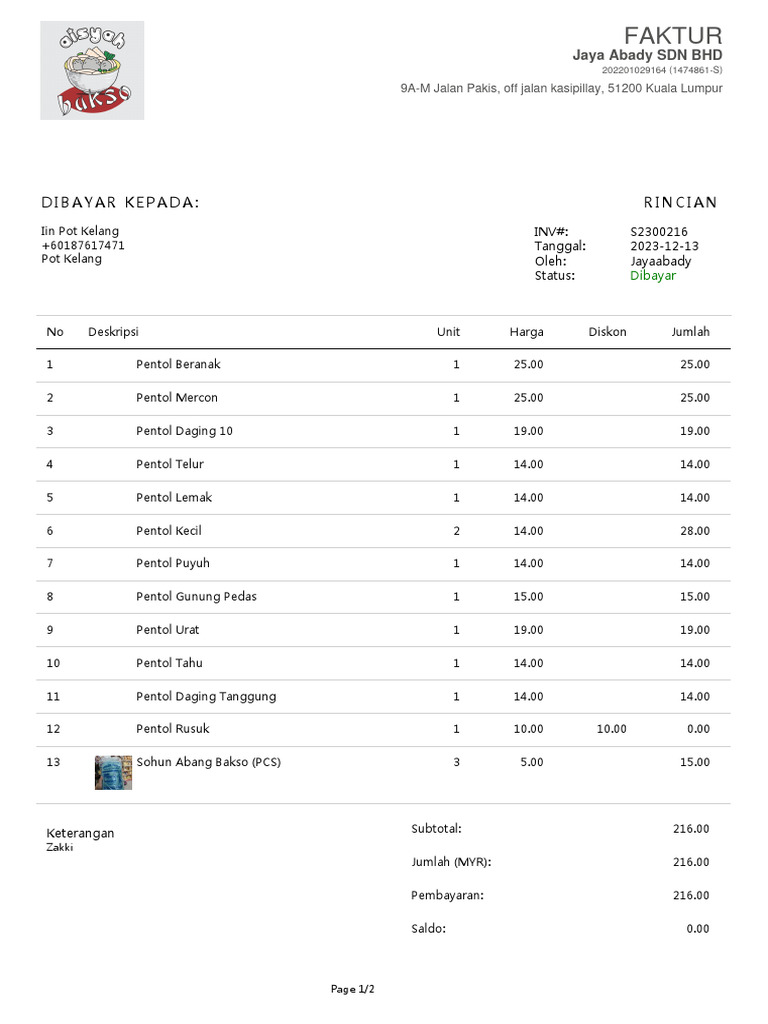 Contoh Receipt S2300216 | PDF