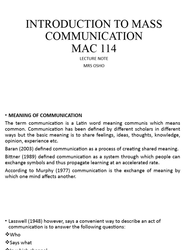 INTRODUCTION TO MASS COMMUNICATION Lecture Note | PDF | Communication | Interpersonal Communication