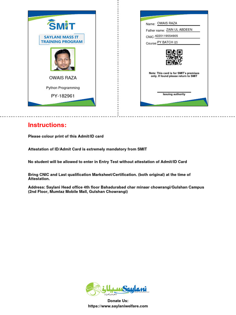 SMIT Admit Card Instructions | PDF