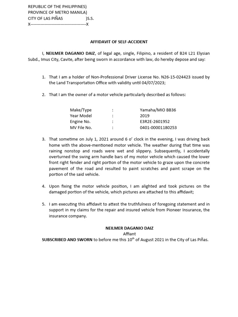 Affidavit of Self-Accident for Insurance | PDF
