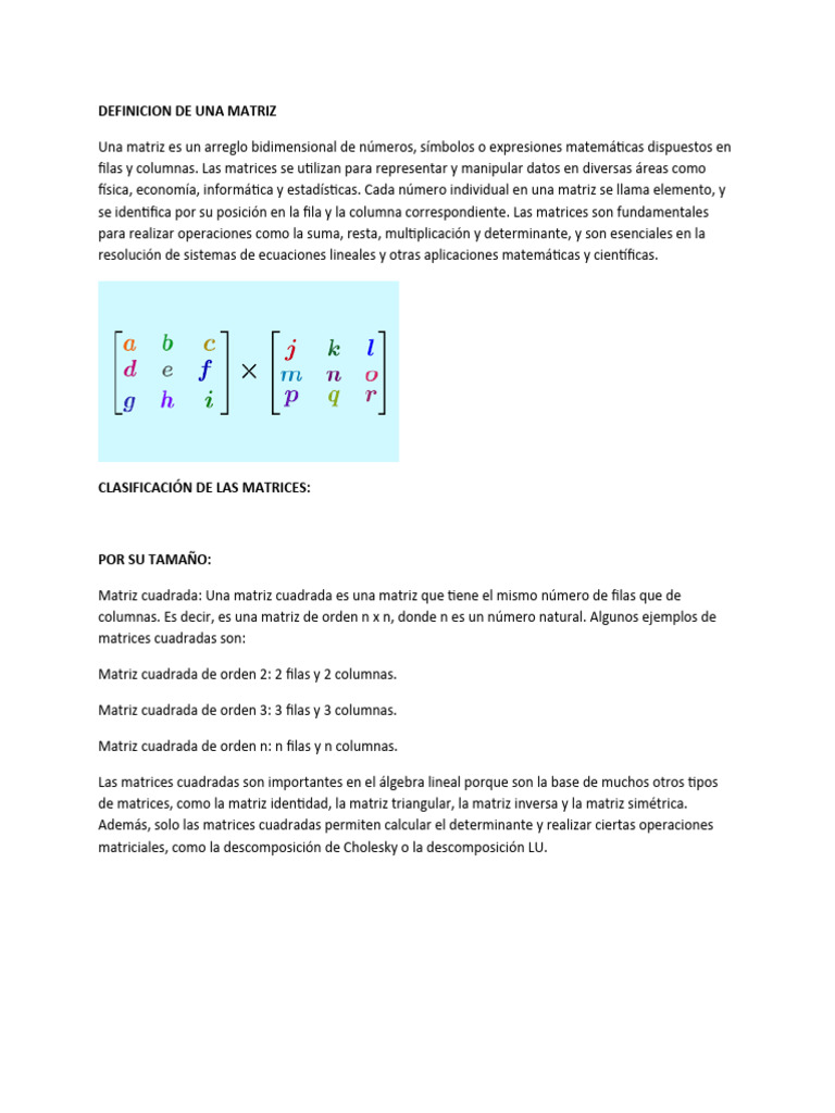 Difinicion y Clasificacion de Matrices-1 | PDF | Matriz (Matemáticas) | Determinante