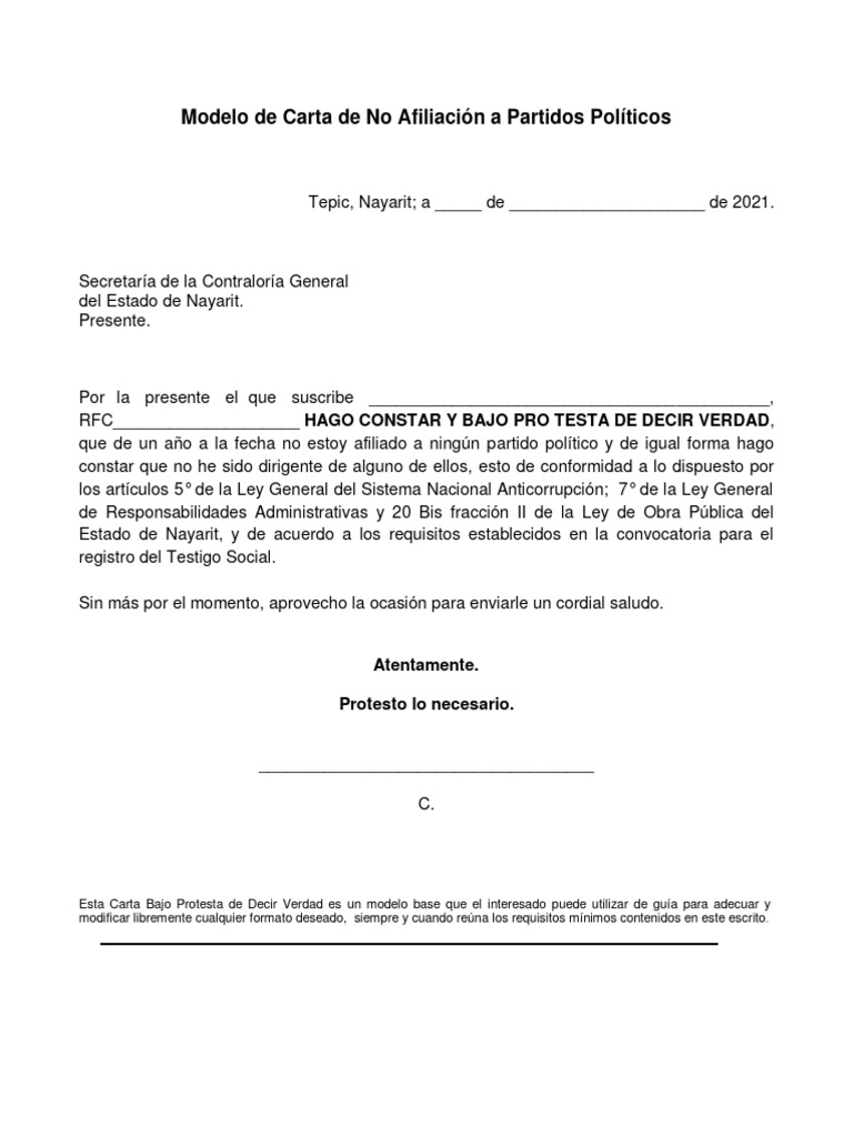6 - Carta - No - Afiliacion - A - Partidos - Politicos NO | PDF
