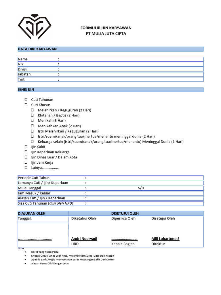 FORMULIR CUTI Atau IJIN KARYAWAN | PDF