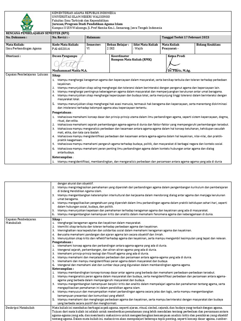 RPS Ilmu Perbandingan Agama | PDF