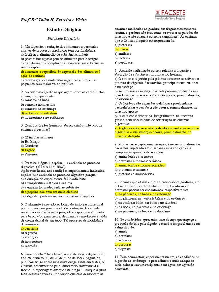 Estudo Dirigido - Fisiologia Do Sistema Digestório - GABARITO | PDF ...
