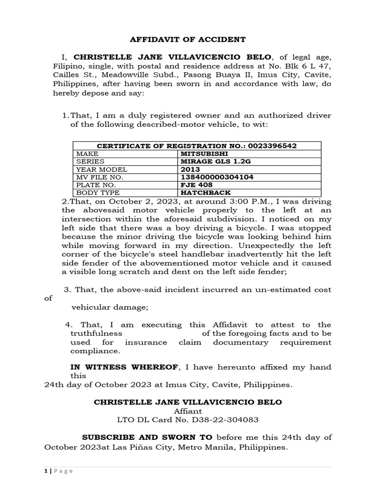 Affidavit of Accident Christelle Jane Villavicencio Belo | PDF
