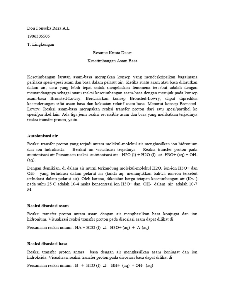 Resume Kimia Dasar - Kesetimbangan Asam Basa - Don Fonseka Reza Abdul Latif - 1906305505 | PDF