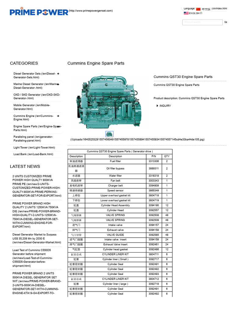 Cummins QST30 Engine Spare Parts | PDF | Piston | Diesel Engine
