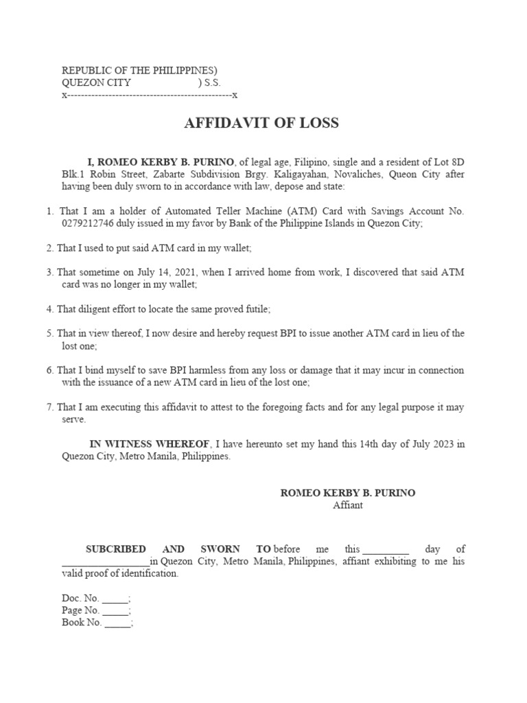 Sample Affidavit of Loss | PDF
