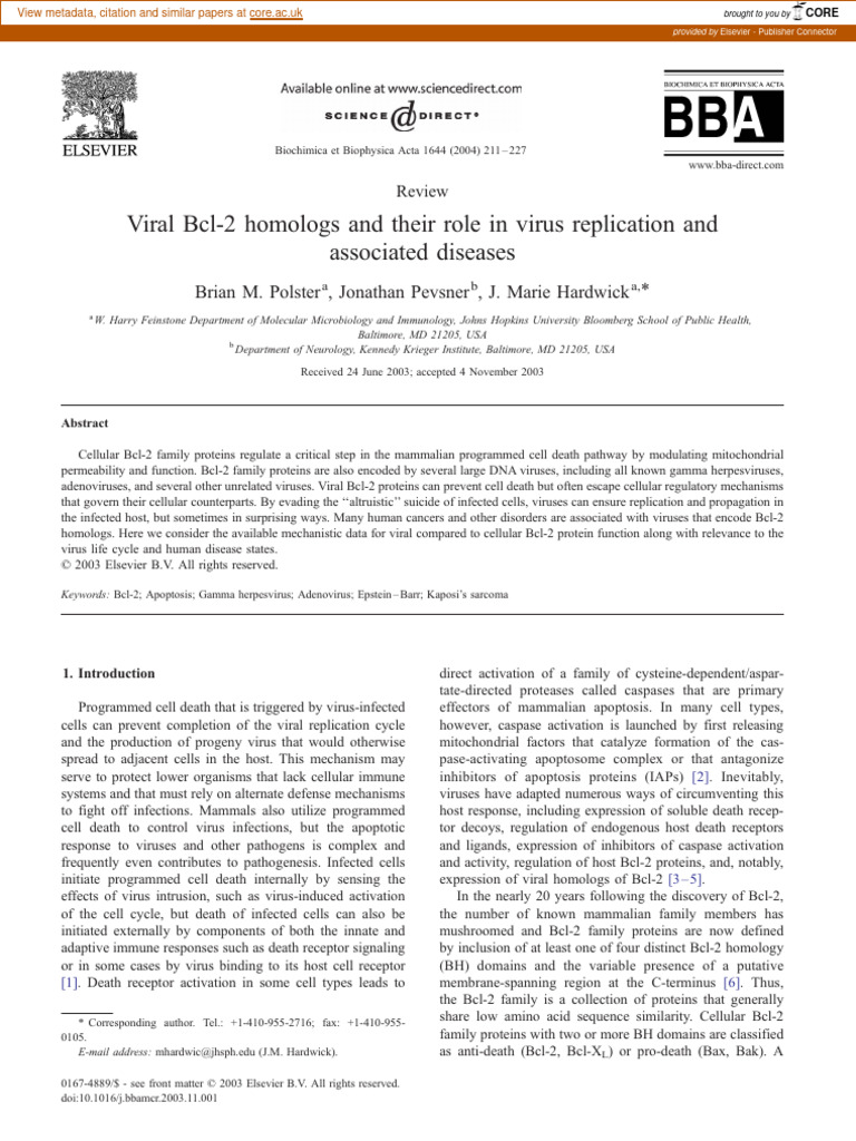 Viral Bcl-2 Homologs and Their Role in Virus Replication and Associated Diseases | PDF ...