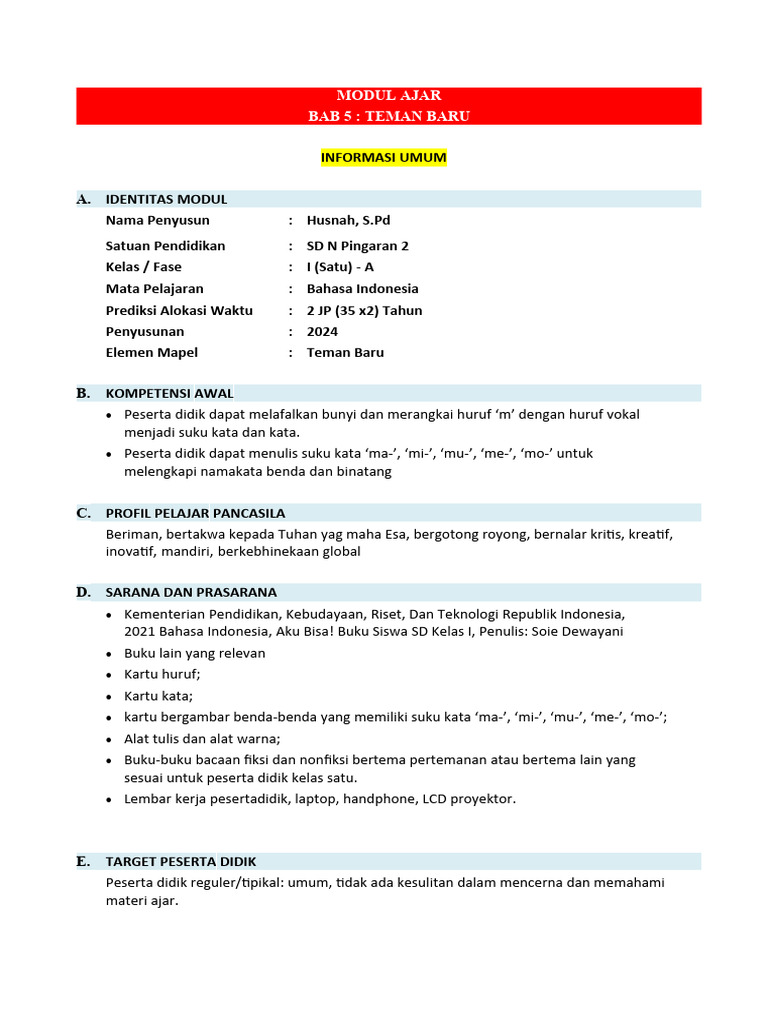 Modul Pembelajaran Bahasa Indonesia Kelas I | PDF