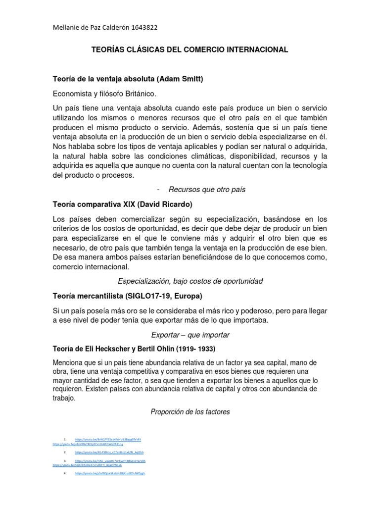 TEORÍAS CLÁSICAS DEL COMERCIO INTERNACIONAL - Mellanie de Paz | PDF | El comercio internacional ...