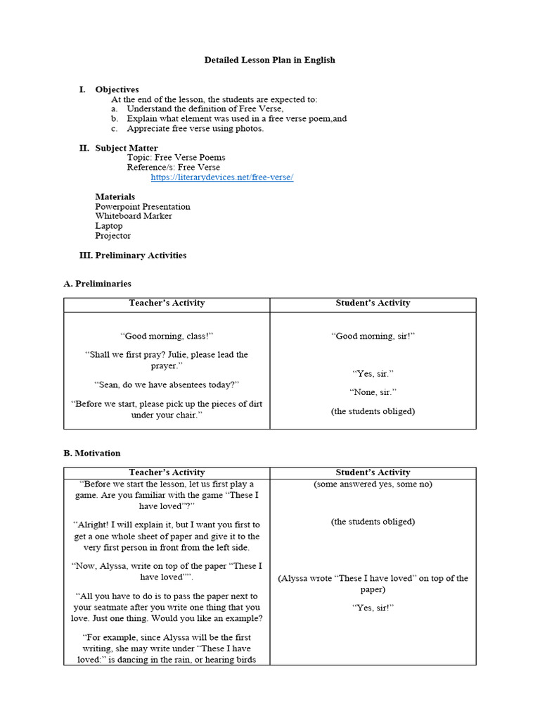 Detailed Lesson Plan in English VII | PDF | Poetry | Mental Image