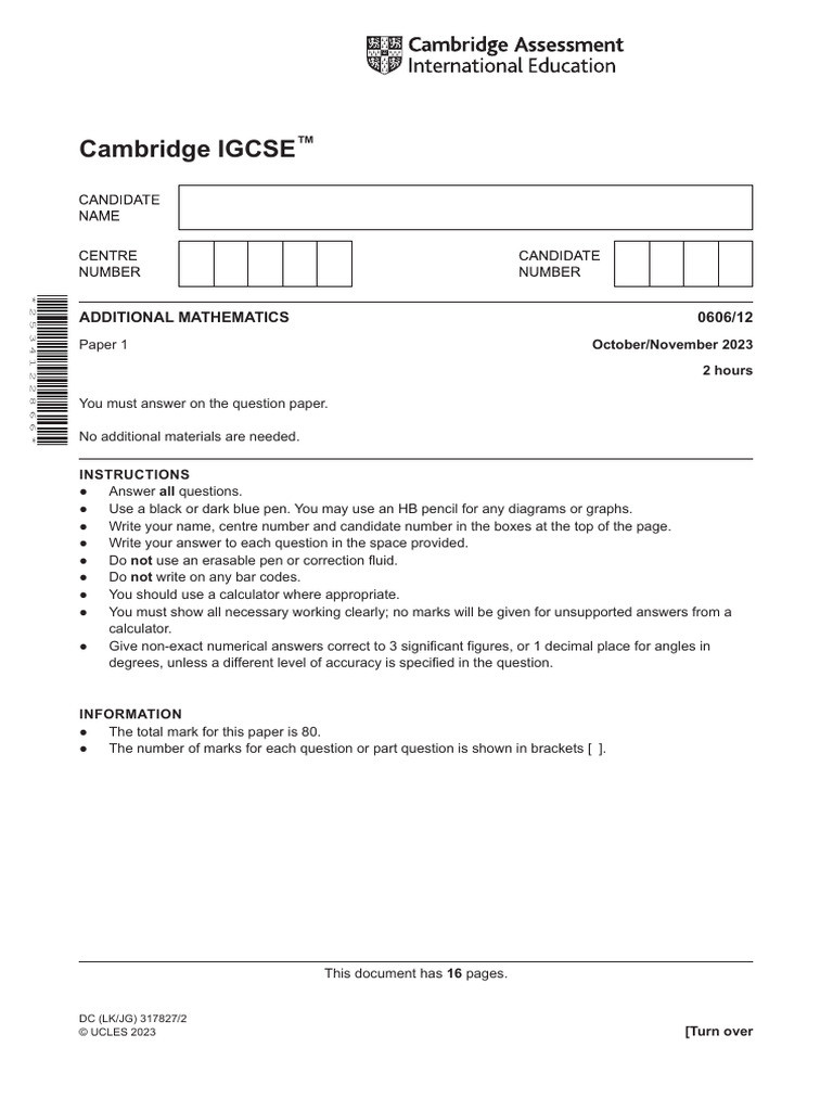 Cambridge IGCSE: Additional Mathematics 0606/12 | PDF