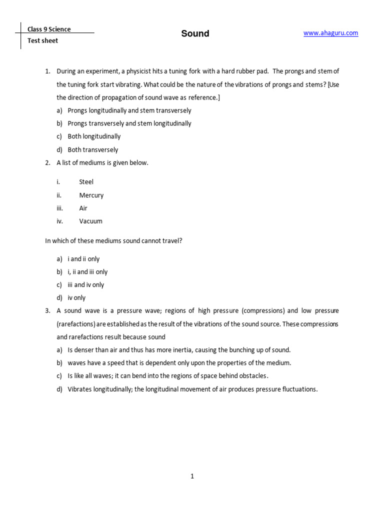Class 9 Sound Waves Test Sheet | PDF | Sound | Waves