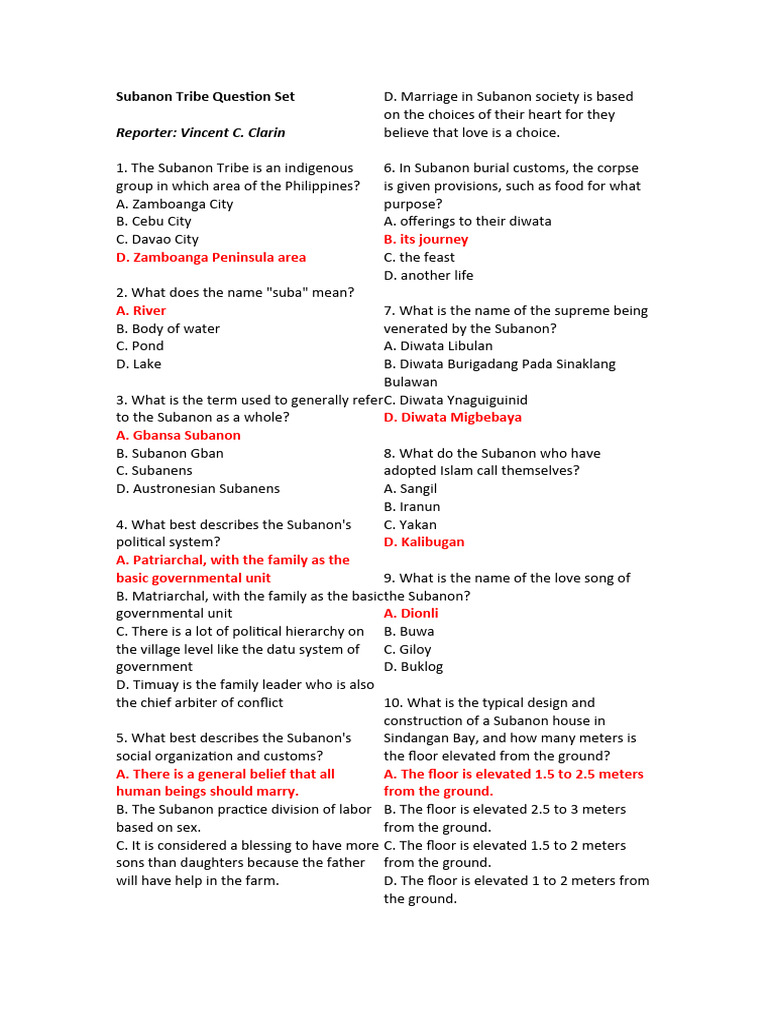Subanon Tribe Cultural Insights Quiz | PDF | Philippines | Southeast Asia