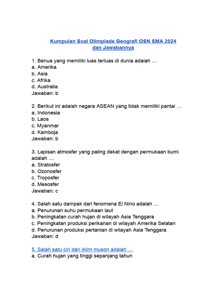 Soal & Jawaban OSN Geografi SMA | PDF