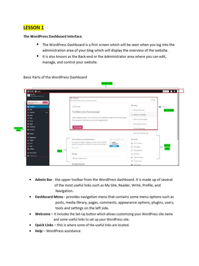 WordPress Dashboard Guide | PDF | Word Press | Menu (Computing)