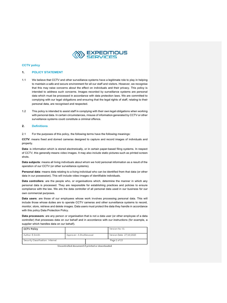 CCTV Policy | Download Free PDF | Closed Circuit Television | Surveillance