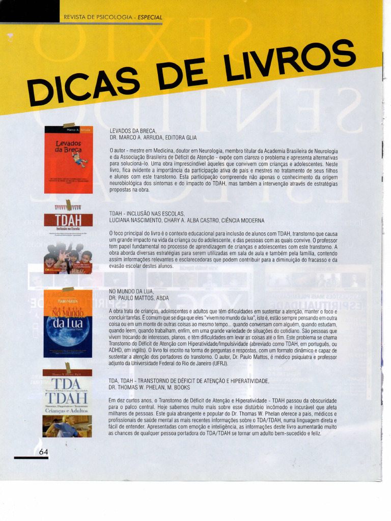 ESPECIAL TDAH - Dicas de Livros - REVISTA PSICOLOGIA, N. 001 | PDF | Transtorno de déficit de ...