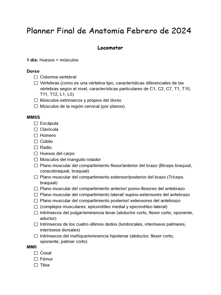 Planner Final de Anatomia Febrero de 2024 | PDF | Pie | Extremidades (anatomía)