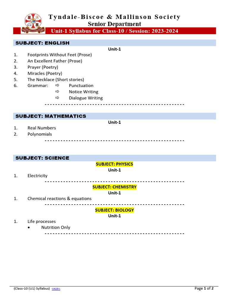 Class 10 Syllabus 2023-24 | PDF | Science