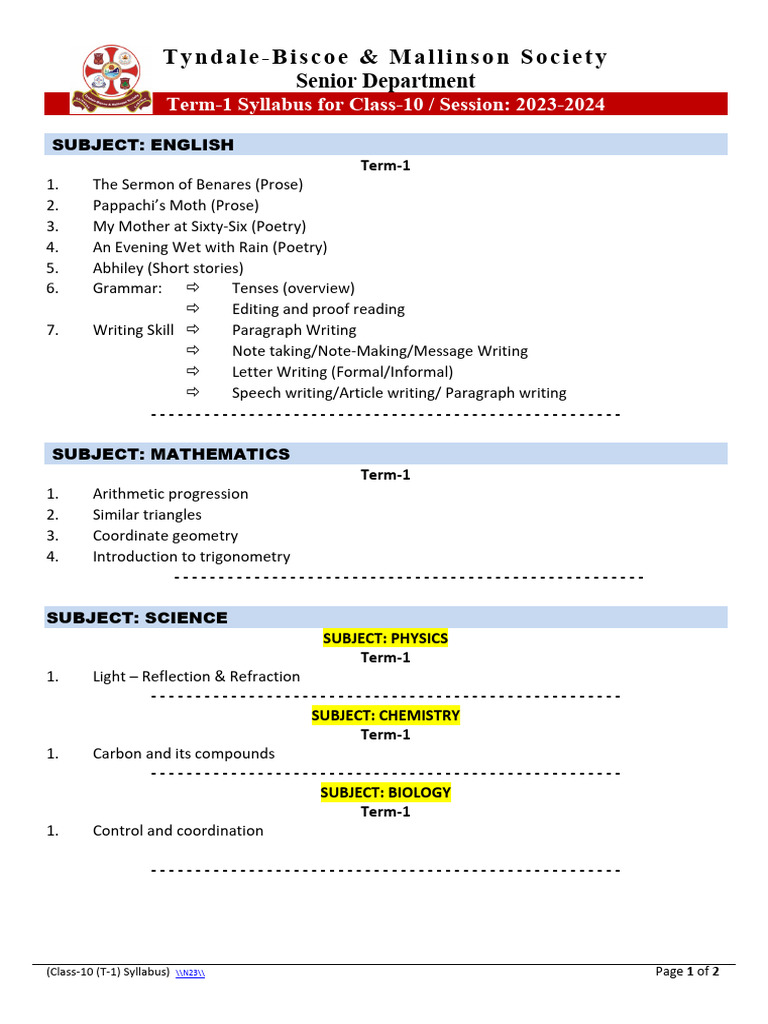 Class-10 T1 Syllabus - 2023-24 | PDF