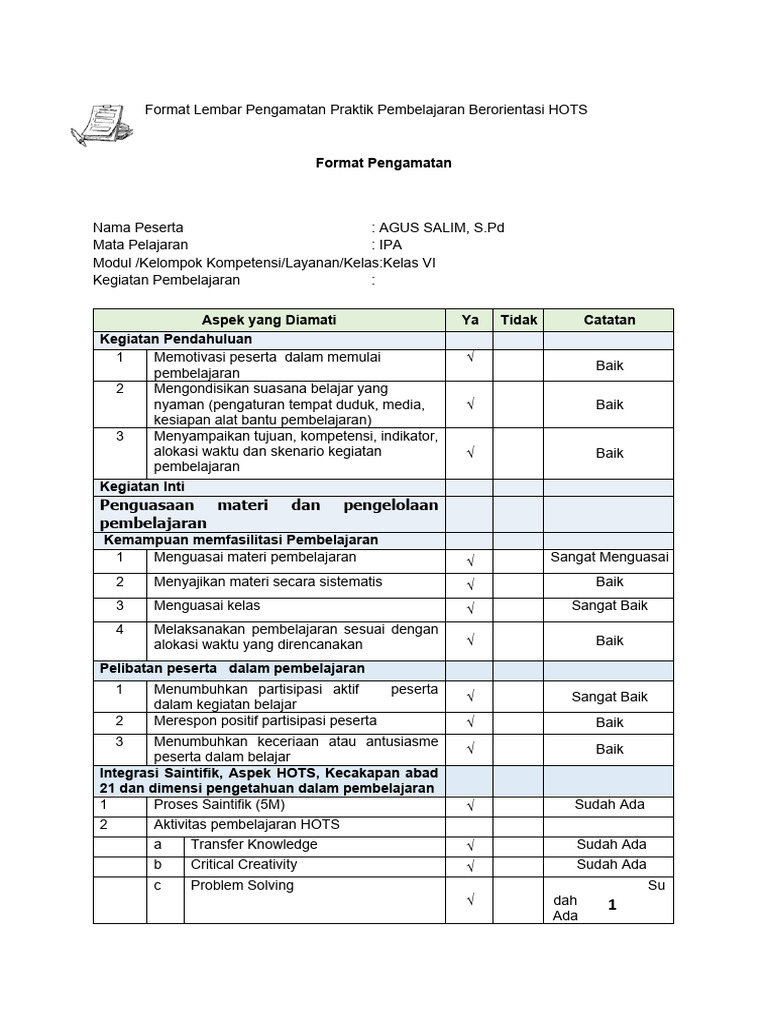 Lembar Pengamatan Praktik Pembelajaran | PDF