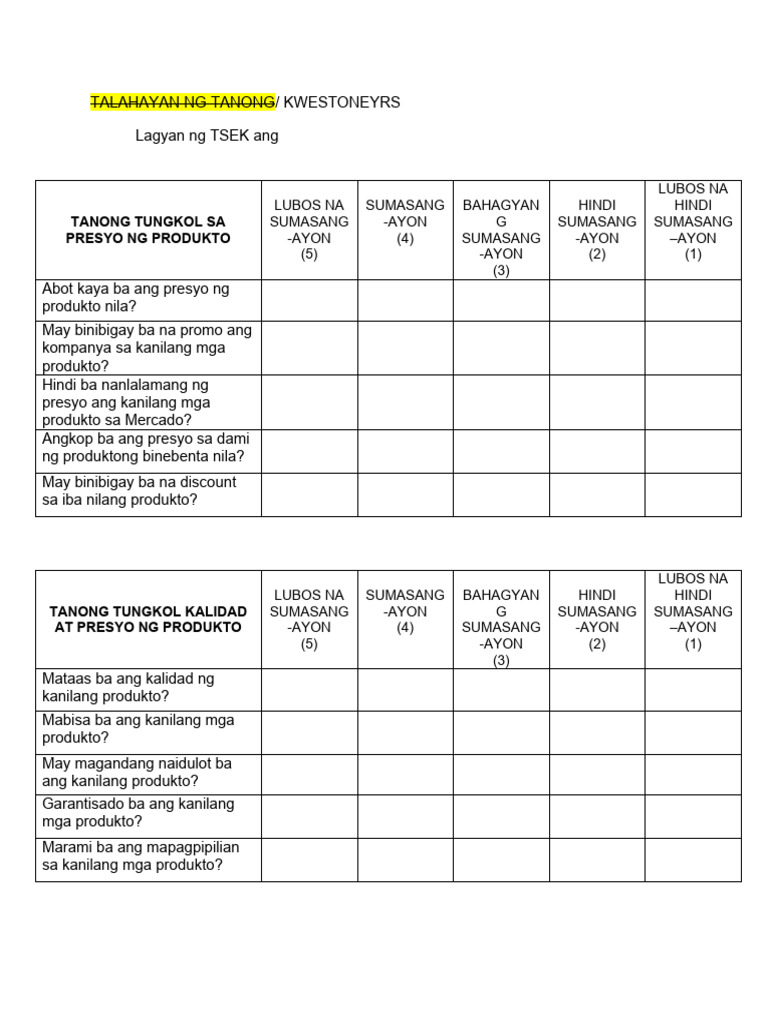 Talahayan NG Tanong | PDF