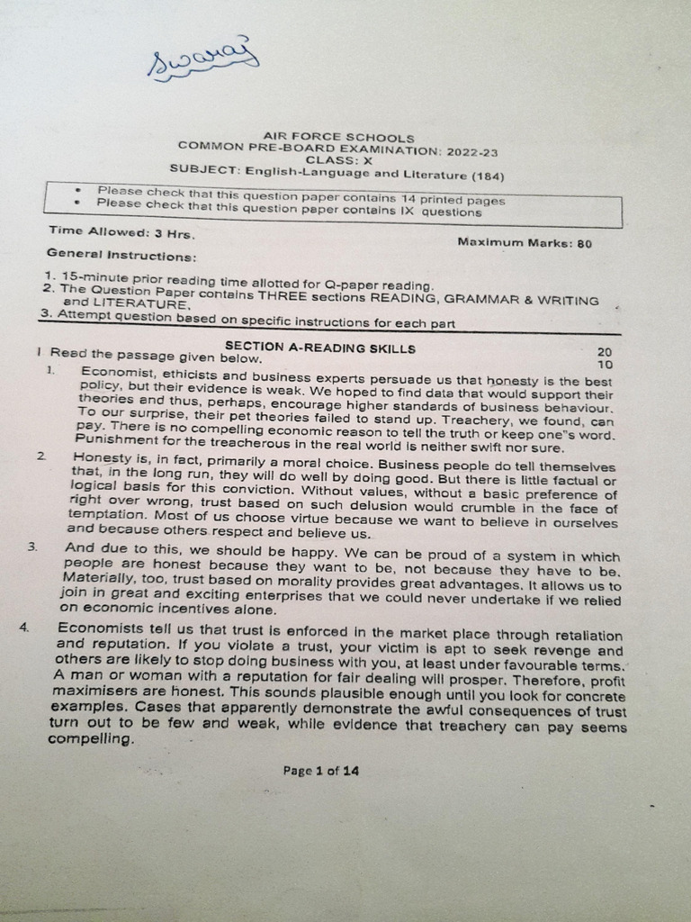 Airforce Eng Paper (Prelim 2022-23) | PDF