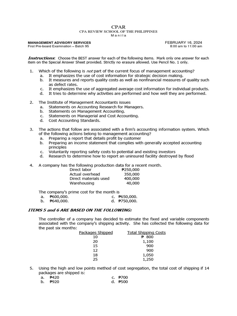 Mas First Preboard Examination Batch 95 | PDF | Cost Accounting | Management Accounting