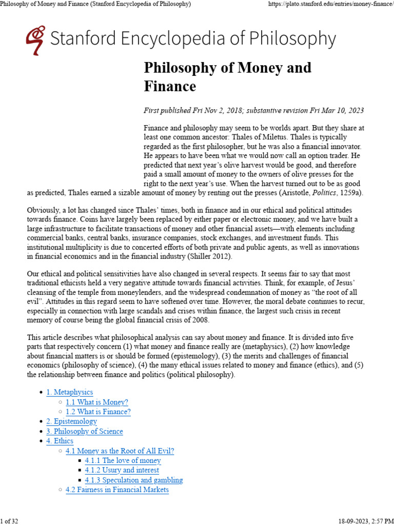 Philosophy of Money and Finance (Stanford Encyclopedia of Philosophy ...