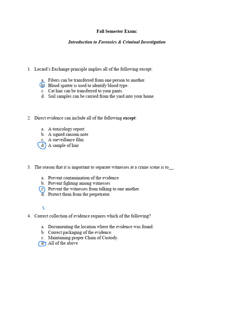 Forensics Fall Semester Exam | PDF | Crime Scene | Expert Witness