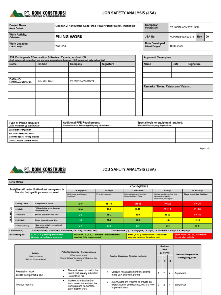 Job Safety Analysis for Piling Work | PDF | Occupational Safety And ...
