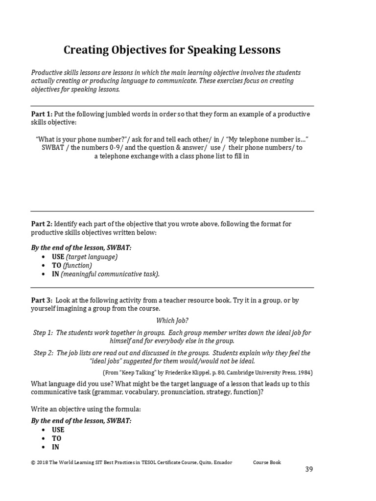 Objectives for Speaking Lessons | PDF | Linguistics | Behavior Modification