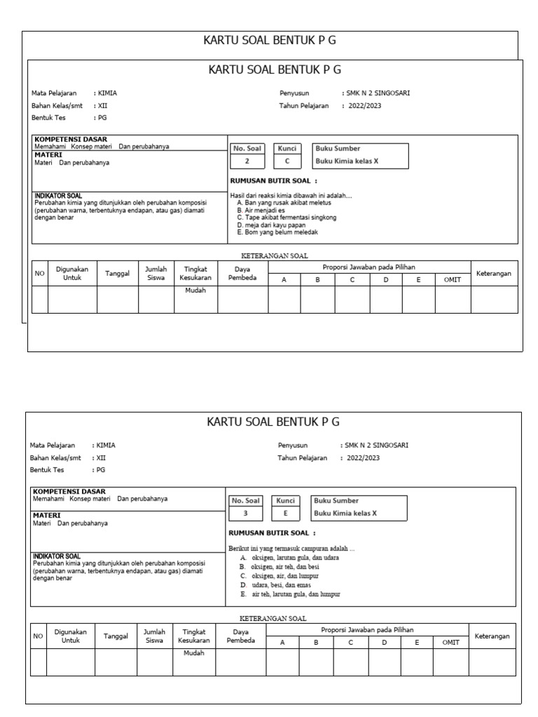 Kartu Soal Usp Kimia 2023 | PDF