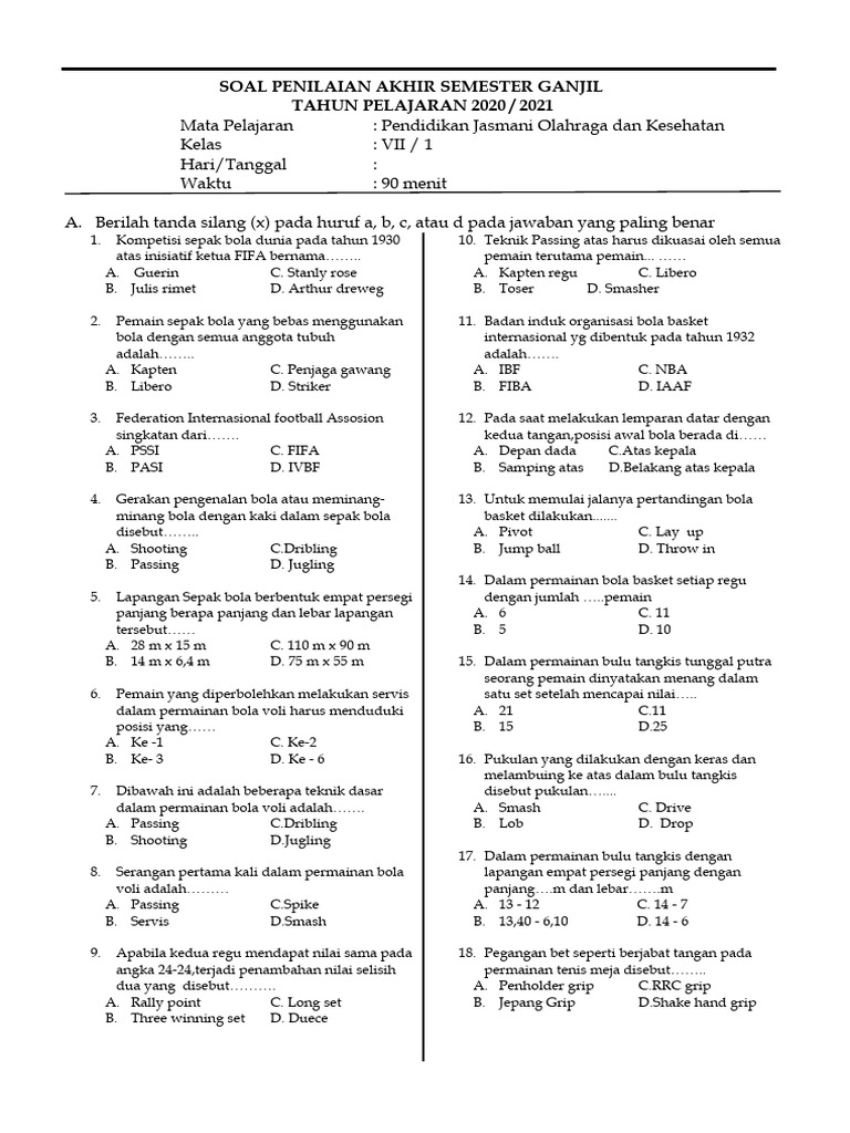 Soal PAS PJOK KLS 7 Semester Genap THN 2022 | PDF