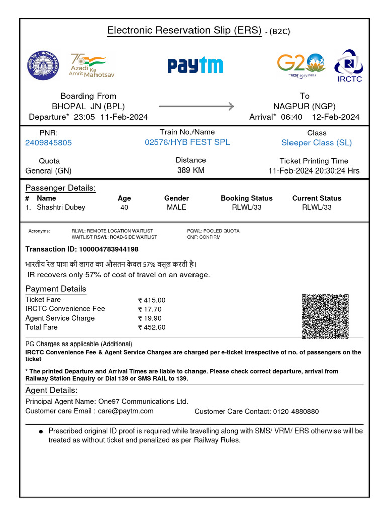 Bhopal to Nagpur Train Ticket Details | PDF | Identity Document
