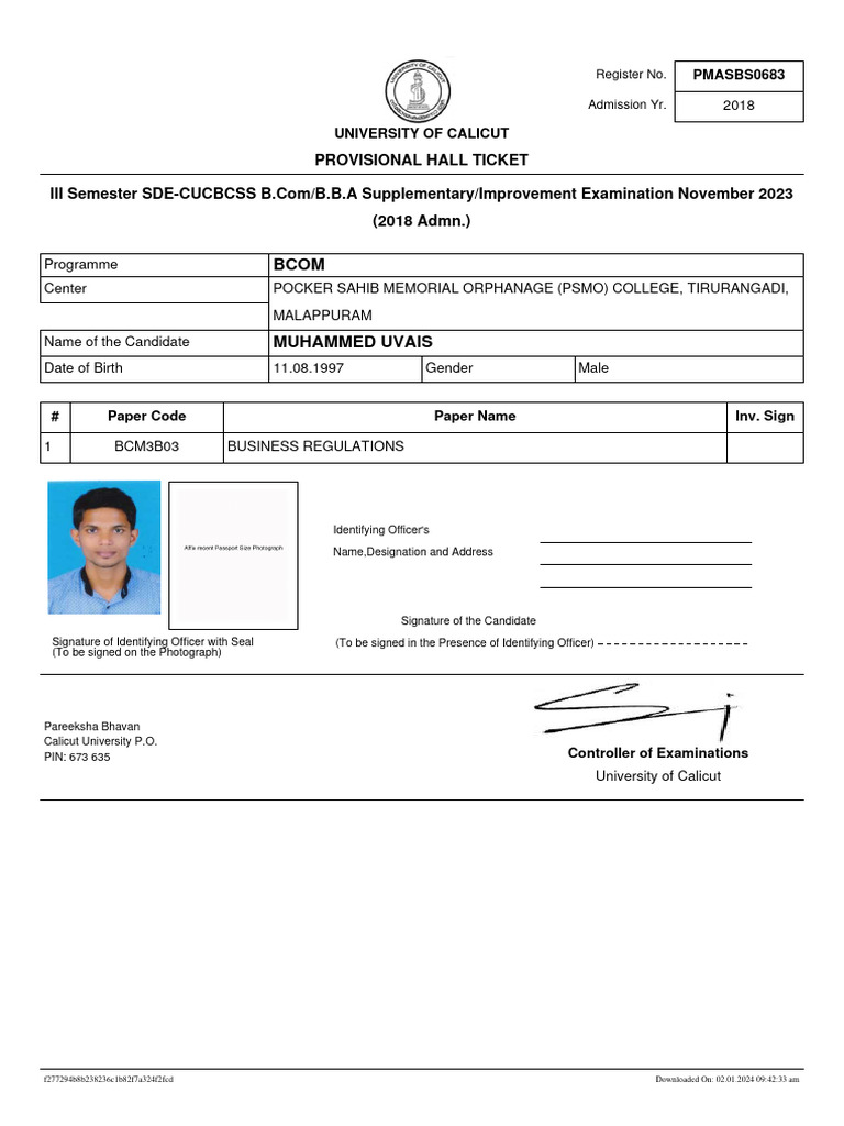 Exam Hall Ticket Instructions | PDF