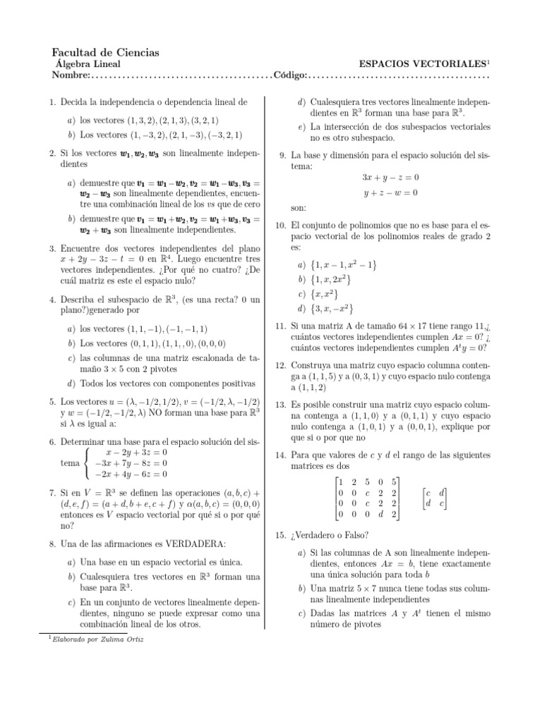 Taller Espacios Vectoriales Modificado Pdf Espacio Vectorial Base