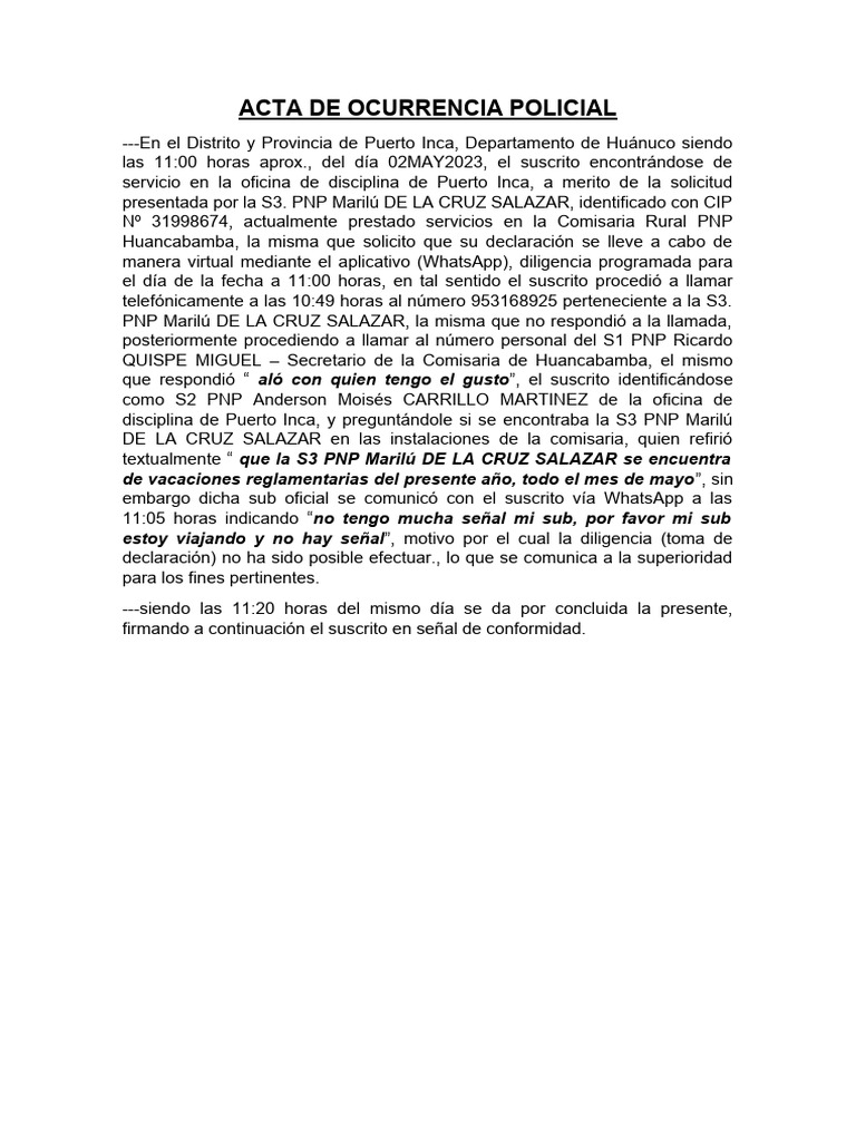 Acta de Ocurrencia Policial de La Cruz | PDF