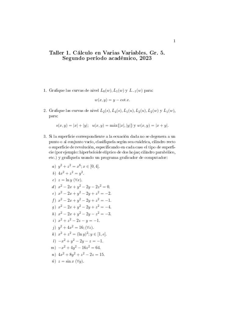 Taller 1 - Calculo en Varias Variables | PDF