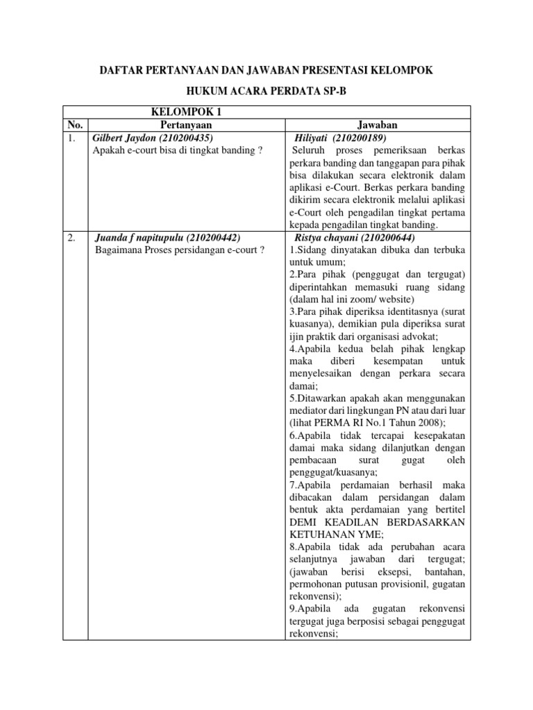 DAFTAR PERTANYAAN DAN JAWABAN PRESENTASI KELOMPOK HUKUM ACARA PERDATA | PDF